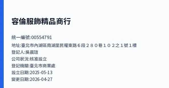 容倫服飾精品商行的照片-統編 00554791(臺北市) 公司登記資料與營業項目詳細圖表