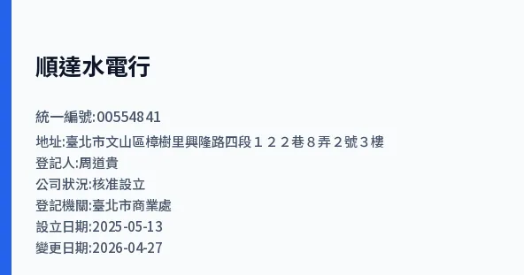順達水電行的照片-統編 00554841(臺北市) 公司登記資料與營業項目詳細圖表