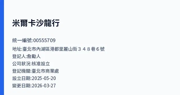 米爾卡沙龍行的照片-統編 00555709(臺北市) 公司登記資料與營業項目詳細圖表