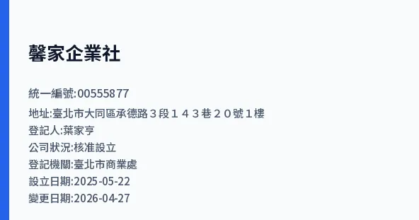 馨家企業社的照片-統編 00555877(臺北市) 公司登記資料與營業項目詳細圖表