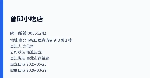曾邱小吃店的照片-統編 00556242(臺北市) 公司登記資料與營業項目詳細圖表