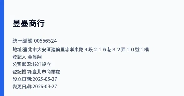 昱墨商行的照片-統編 00556524(臺北市) 公司登記資料與營業項目詳細圖表