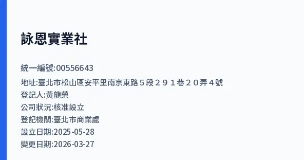 詠恩實業社的照片-統編 00556643(臺北市) 公司登記資料與營業項目詳細圖表