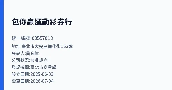 包你贏運動彩券行的照片-統編 00557018(臺北市) 公司登記資料與營業項目詳細圖表