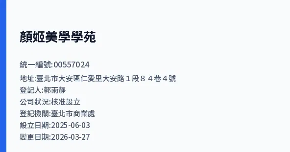 顏姬美學學苑的照片-統編 00557024(臺北市) 公司登記資料與營業項目詳細圖表