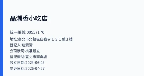 晶潮香小吃店的照片-統編 00557170(臺北市) 公司登記資料與營業項目詳細圖表