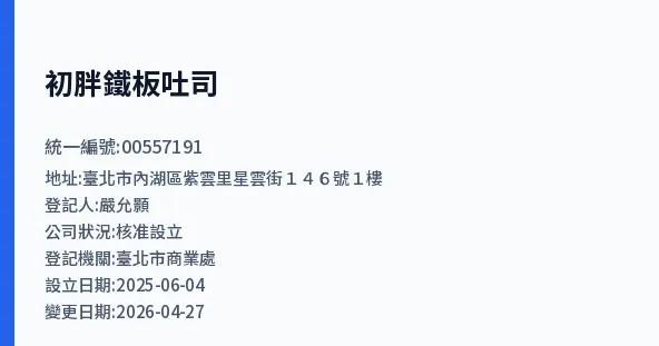 初胖鐵板吐司的照片-統編 00557191(臺北市) 公司登記資料與營業項目詳細圖表