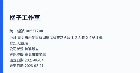 橘子工作室的照片-統編 00557208(臺北市) 公司登記資料與營業項目詳細圖表