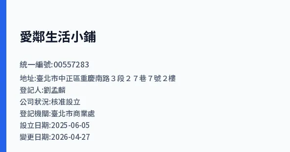 愛鄰生活小鋪的照片-統編 00557283(臺北市) 公司登記資料與營業項目詳細圖表