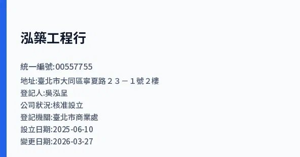 泓築工程行的照片-統編 00557755(臺北市) 公司登記資料與營業項目詳細圖表