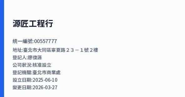 源匠工程行的照片-統編 00557777(臺北市) 公司登記資料與營業項目詳細圖表