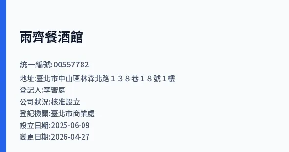 零九餐酒館的照片-統編 00557782(臺北市) 公司登記資料與營業項目詳細圖表