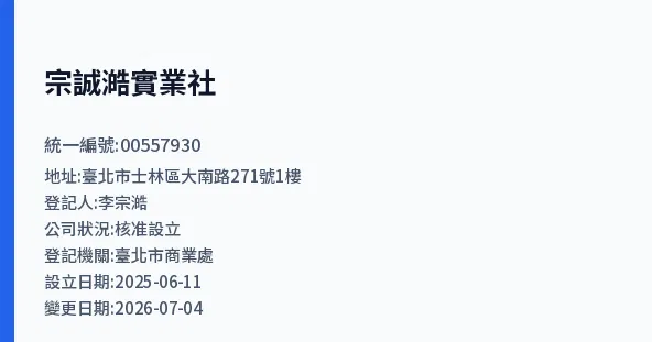 宗誠澔實業社的照片-統編 00557930(臺北市) 公司登記資料與營業項目詳細圖表