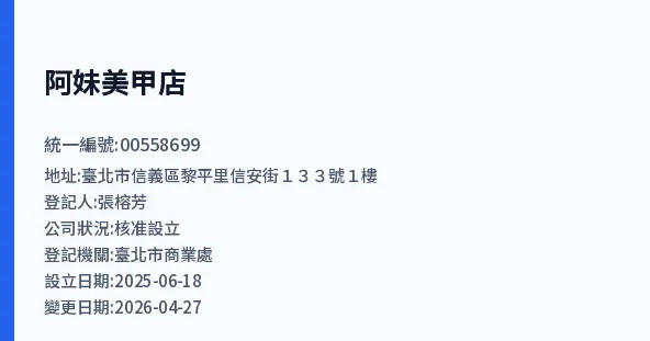 阿妹美甲店的照片-統編 00558699(臺北市) 公司登記資料與營業項目詳細圖表