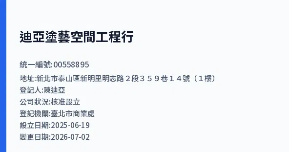 迪亞塗藝空間工程行的照片-統編 00558895(臺北市) 公司登記資料與營業項目詳細圖表