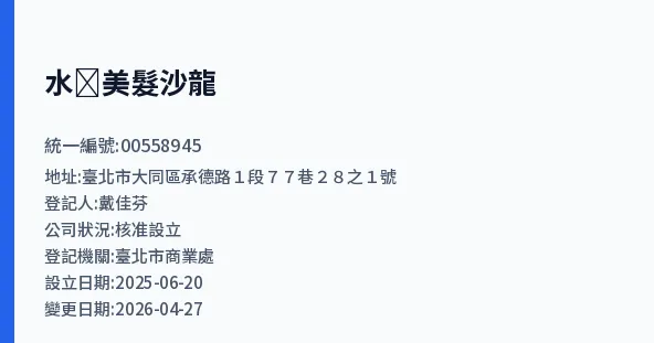 水粋美髮沙龍的照片-統編 00558945(臺北市) 公司登記資料與營業項目詳細圖表