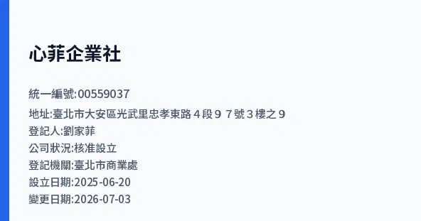 心菲企業社的照片-統編 00559037(臺北市) 公司登記資料與營業項目詳細圖表