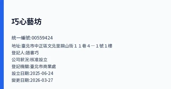 巧心藝坊的照片-統編 00559424(臺北市) 公司登記資料與營業項目詳細圖表