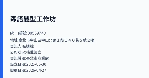 森語髮型工作坊的照片-統編 00559748(臺北市) 公司登記資料與營業項目詳細圖表