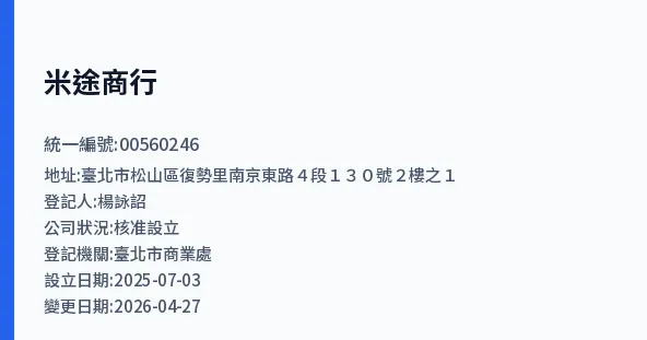 米途商行的照片-統編 00560246(臺北市) 公司登記資料與營業項目詳細圖表