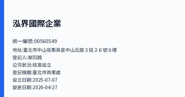 泓界國際企業的照片-統編 00560549(臺北市) 公司登記資料與營業項目詳細圖表