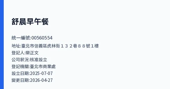 舒晨早午餐的照片-統編 00560554(臺北市) 公司登記資料與營業項目詳細圖表