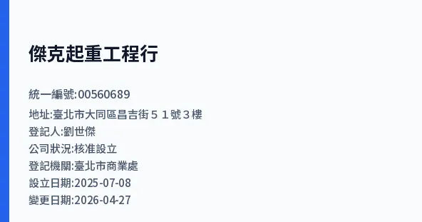 傑克起重工程行的照片-統編 00560689(臺北市) 公司登記資料與營業項目詳細圖表
