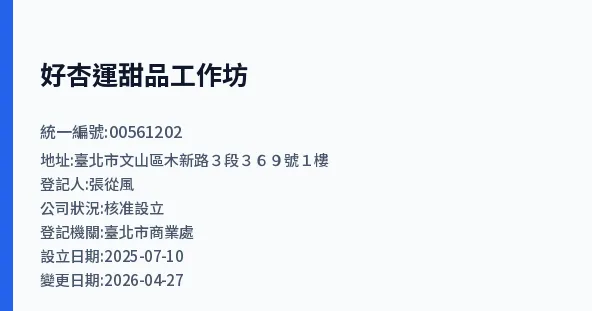 好杏運甜品工作坊的照片-統編 00561202(臺北市) 公司登記資料與營業項目詳細圖表