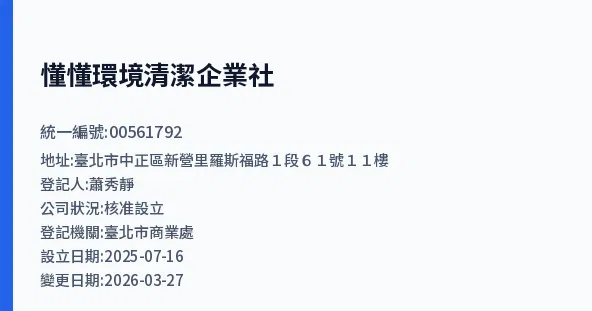 懂懂環境清潔企業社的照片-統編 00561792(臺北市) 公司登記資料與營業項目詳細圖表