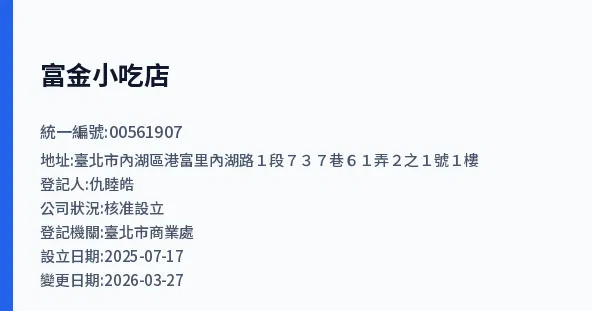 富金小吃店的照片-統編 00561907(臺北市) 公司登記資料與營業項目詳細圖表