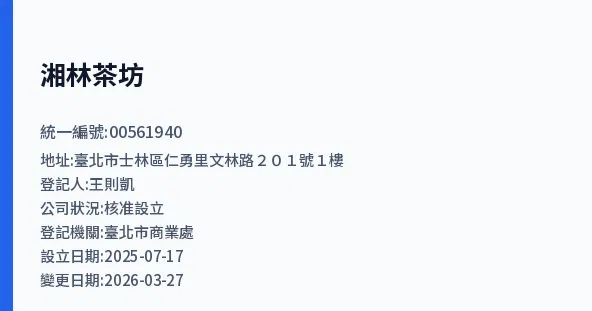 湘林茶坊的照片-統編 00561940(臺北市) 公司登記資料與營業項目詳細圖表