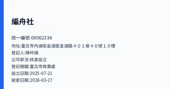 編舟社的照片-統編 00562336(臺北市) 公司登記資料與營業項目詳細圖表