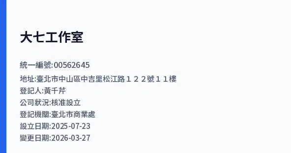 大七工作室的照片-統編 00562645(臺北市) 公司登記資料與營業項目詳細圖表