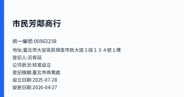 市民芳鄰商行的照片-統編 00563258(臺北市) 公司登記資料與營業項目詳細圖表