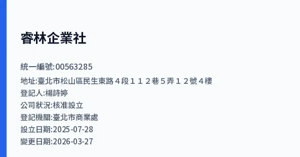 睿林企業社的照片-統編 00563285(臺北市) 公司登記資料與營業項目詳細圖表