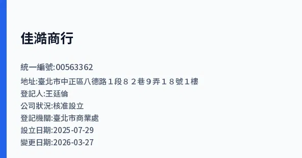 佳澔商行的照片-統編 00563362(臺北市) 公司登記資料與營業項目詳細圖表