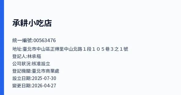 承耕小吃店的照片-統編 00563476(臺北市) 公司登記資料與營業項目詳細圖表