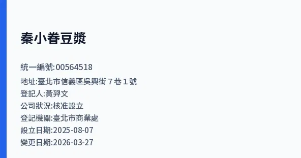 秦小眷豆漿的照片-統編 00564518(臺北市) 公司登記資料與營業項目詳細圖表