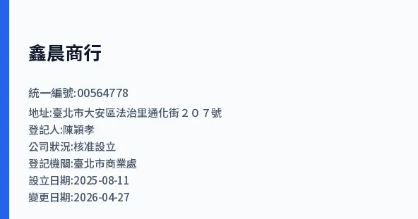 鑫晨商行的照片-統編 00564778(臺北市) 公司登記資料與營業項目詳細圖表