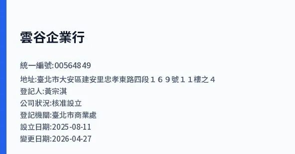 雲谷企業行的照片-統編 00564849(臺北市) 公司登記資料與營業項目詳細圖表
