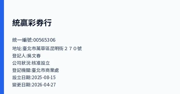統贏彩券行的照片-統編 00565306(臺北市) 公司登記資料與營業項目詳細圖表