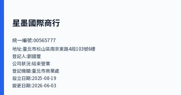 星墨國際商行的照片-統編 00565777(臺北市) 公司登記資料與營業項目詳細圖表