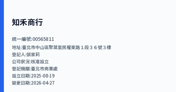 知禾商行的照片-統編 00565811(臺北市) 公司登記資料與營業項目詳細圖表