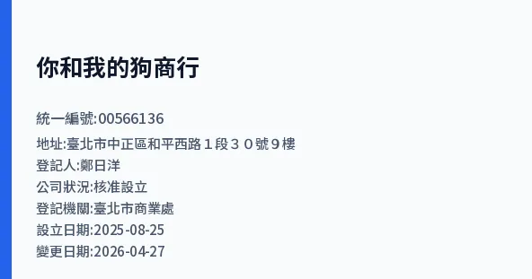 你和我的狗商行的照片-統編 00566136(臺北市) 公司登記資料與營業項目詳細圖表