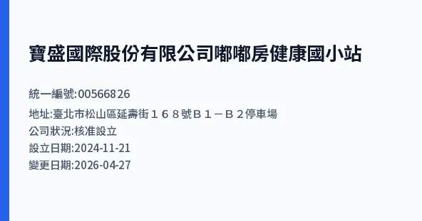 寶盛國際股份有限公司嘟嘟房健康國小站的照片-統編 00566826(臺北市) 公司登記資料與營業項目詳細圖表