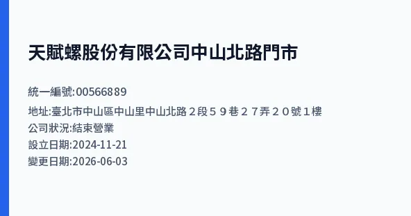天賦螺股份有限公司中山北路門市的照片-統編 00566889(臺北市) 公司登記資料與營業項目詳細圖表