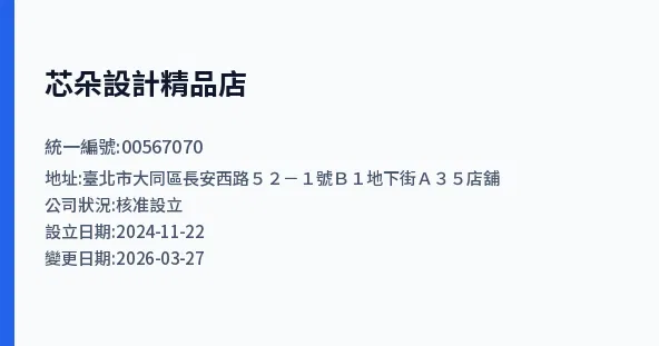 芯朵設計精品店的照片-統編 00567070(臺北市) 公司登記資料與營業項目詳細圖表