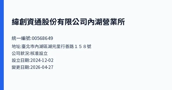 緯創資通股份有限公司內湖營業所的照片-統編 00568649(臺北市) 公司登記資料與營業項目詳細圖表