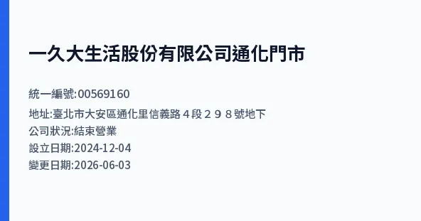 一久大生活股份有限公司通化門市的照片-統編 00569160(臺北市) 公司登記資料與營業項目詳細圖表