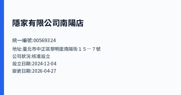 隱家有限公司南陽店的照片-統編 00569324(臺北市) 公司登記資料與營業項目詳細圖表